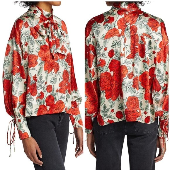 Ganni | Tops | Ganni Rose Print Oversized Tieneck Stretchsilk Blouse ...